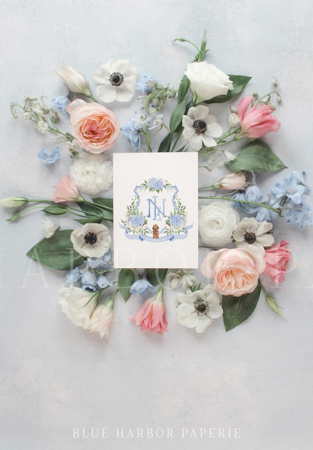 Blue and White Hydrangea Wedding Crest | Monogram Crest | Periwinkle ...