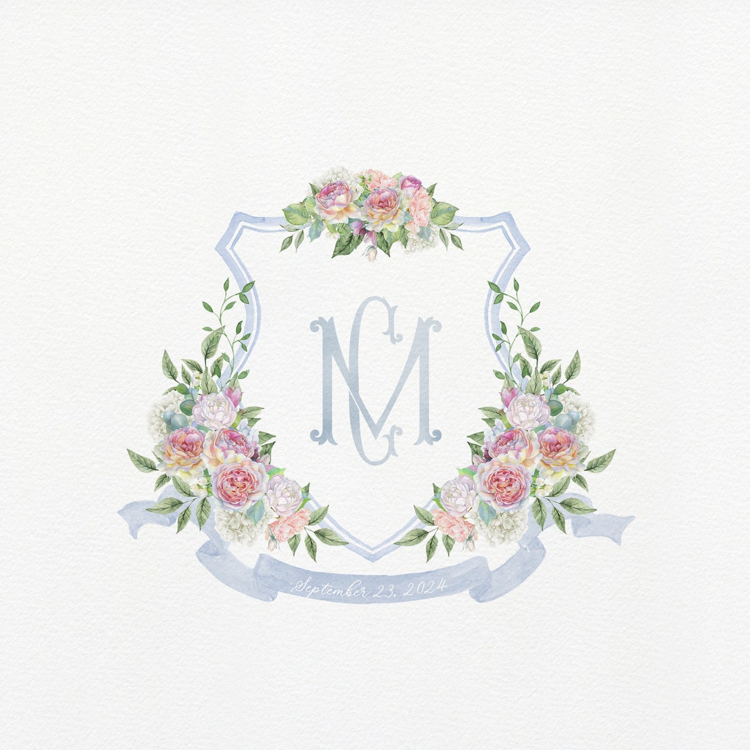 Blue and Pink Garden Roses Wedding Crest | Garden Roses Monogram Crest ...