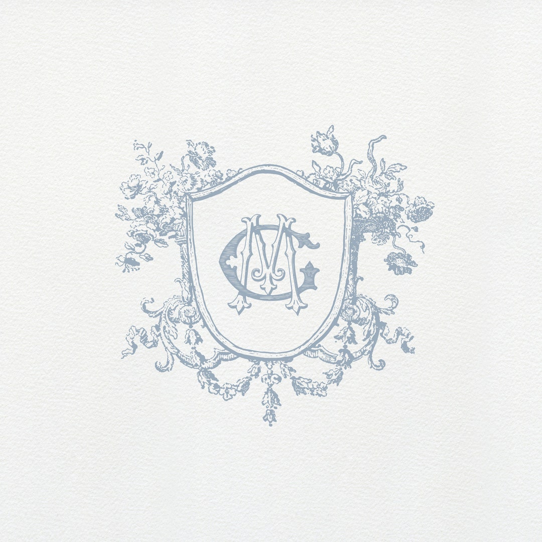 Antique Monogram Floral Crest | Vintage Wedding Crest With Florals and Interlocking Monogram - Etsy