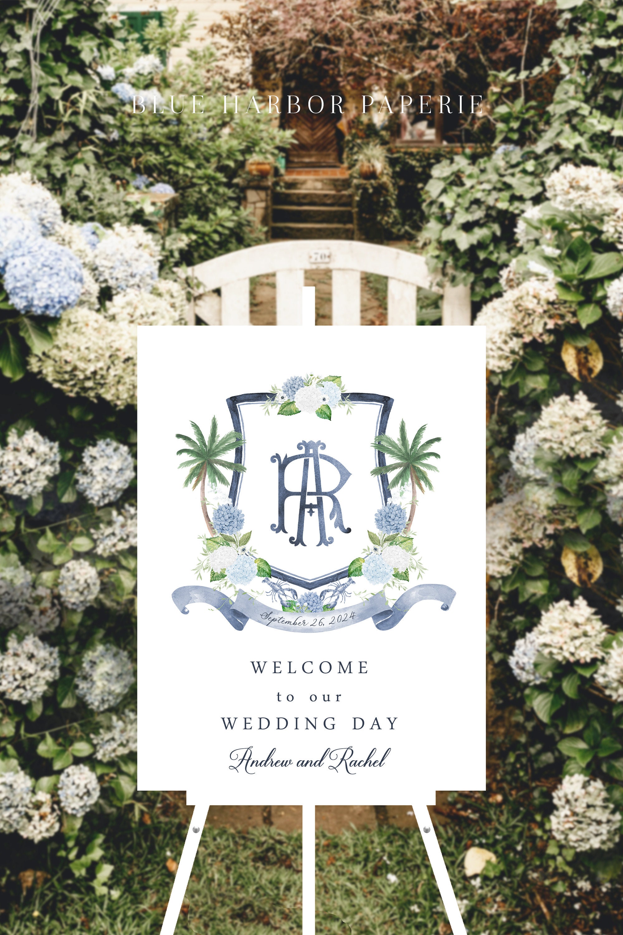 Watercolor Wedding Crest: Navy Blue Monogram, Tropical Palm (digital ...