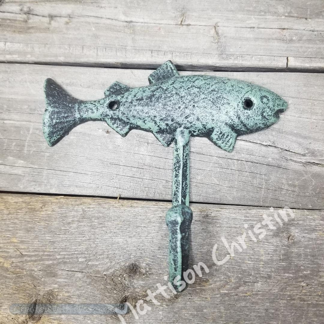 Set 2 Large Cast Iron Verdigris Fish Hook Hat Towel Coat Key Rack ...