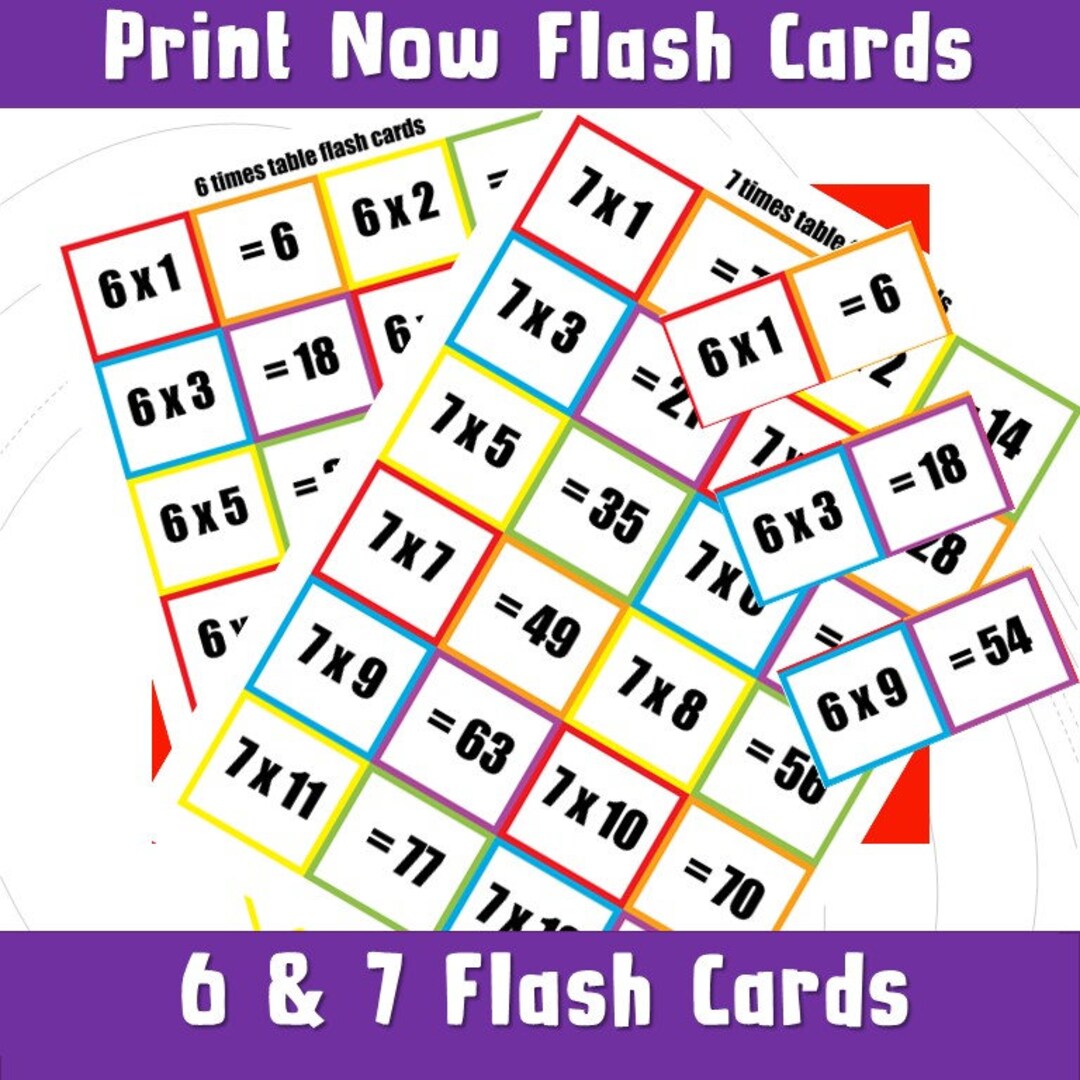 6 & 7 Times Tables Mini Flash Cards | Printable Double-sided PDF | KS2 ...