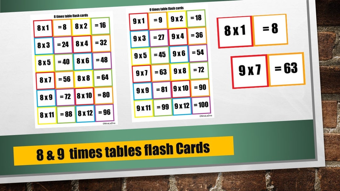 Colourful Multiplication Flash Cards | 8 & 9 Times Tables | Printable ...