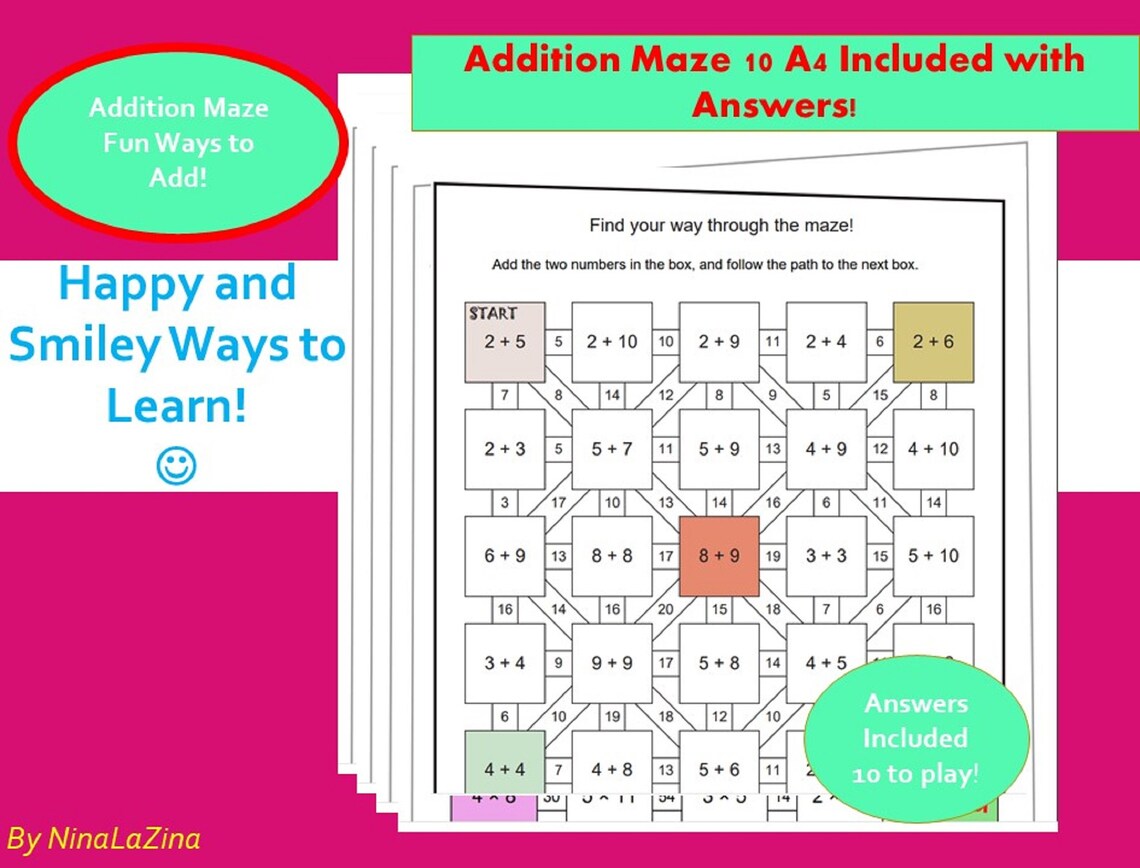Basic Addition Maze Worksheet Puzzle Math Printable Game - Etsy México