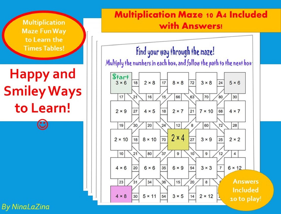 Multiplication Table Maze Puzzle Fun Printable Games For Kids | Etsy