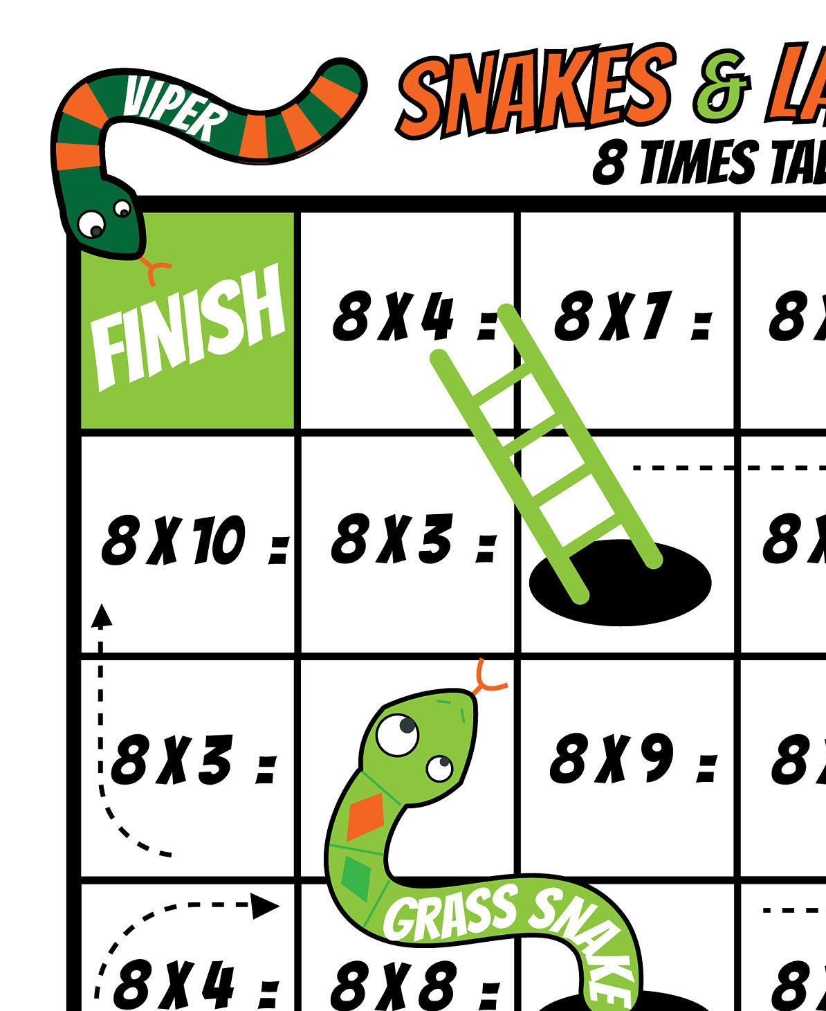Snakes And Ladders 8 And 9 Multiplication Game Printable Fun Etsy UK