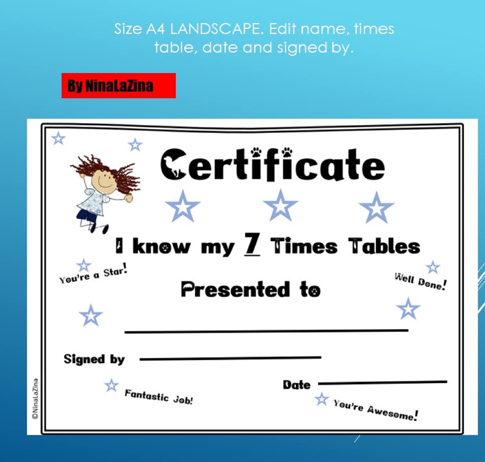 Math Certificate for Times Tables Edit Number Included | Etsy
