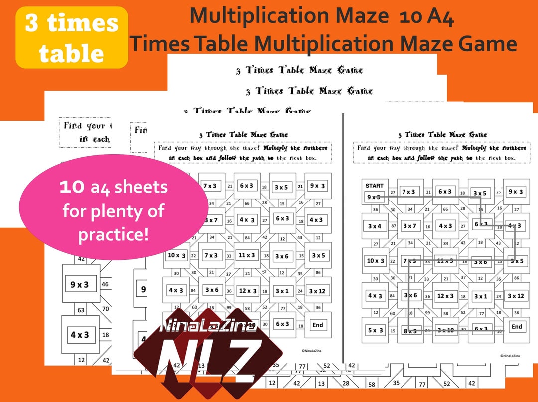 3 Times Table Multiplication Maze | 10 Printable Maths Games | A4 PDF ...