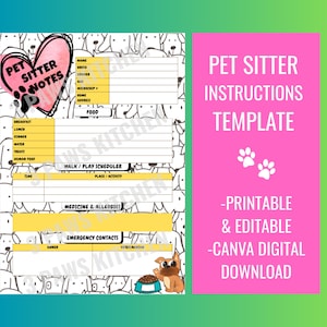 Pet Sitter Instructions Template- Printable & Editable- Pet Care Sheet ...