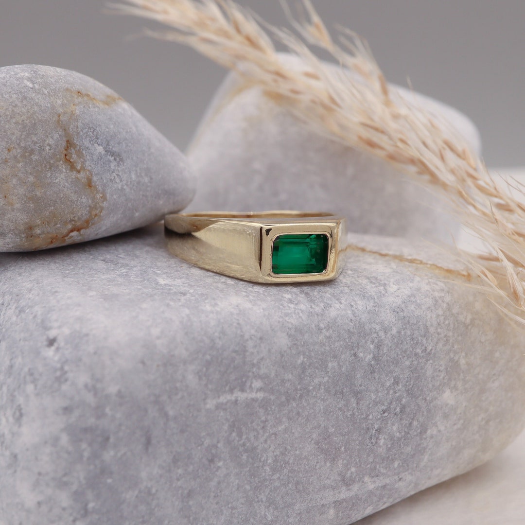 14k Natural Emerald Signet Ring - Baguette Shape - Emerald Ring | May Birthstone Jewelry for ...