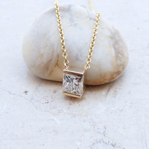Princess Cut Diamond Necklace: 14k Gold Half Bezel Solitaire Pendant - Etsy