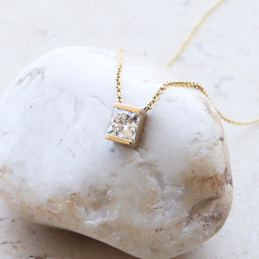 Princess Cut Diamond Necklace: 14k Gold Half Bezel Solitaire Pendant - Etsy