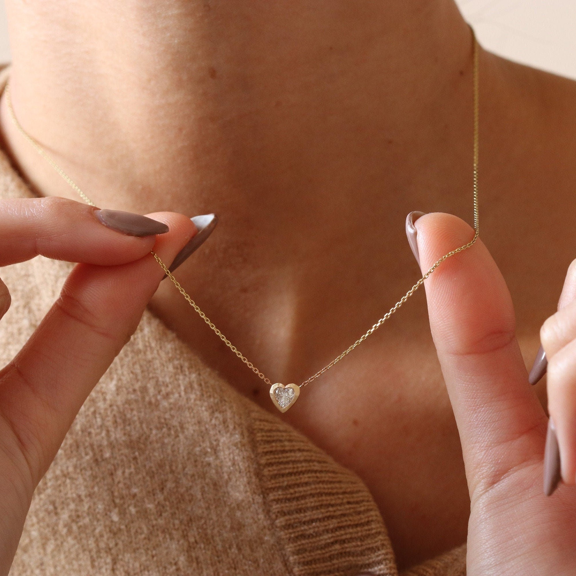 Diamond Heart Necklace Floating Diamond Necklace in Solid Gold Bezel Necklace Heart Diamond Pendant