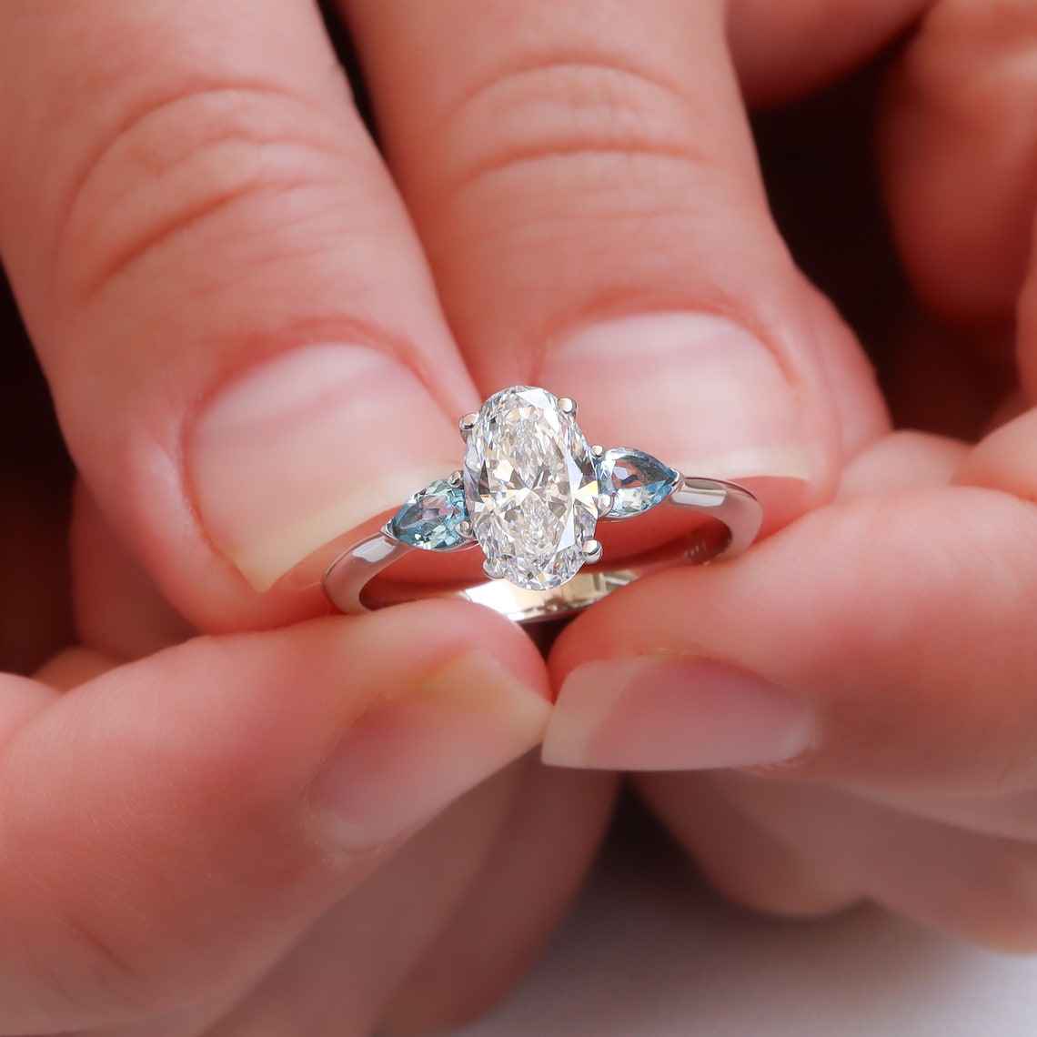 Oval Three Stone Engagement Ring Trilogy Diamond Ring With Aquamarines ...