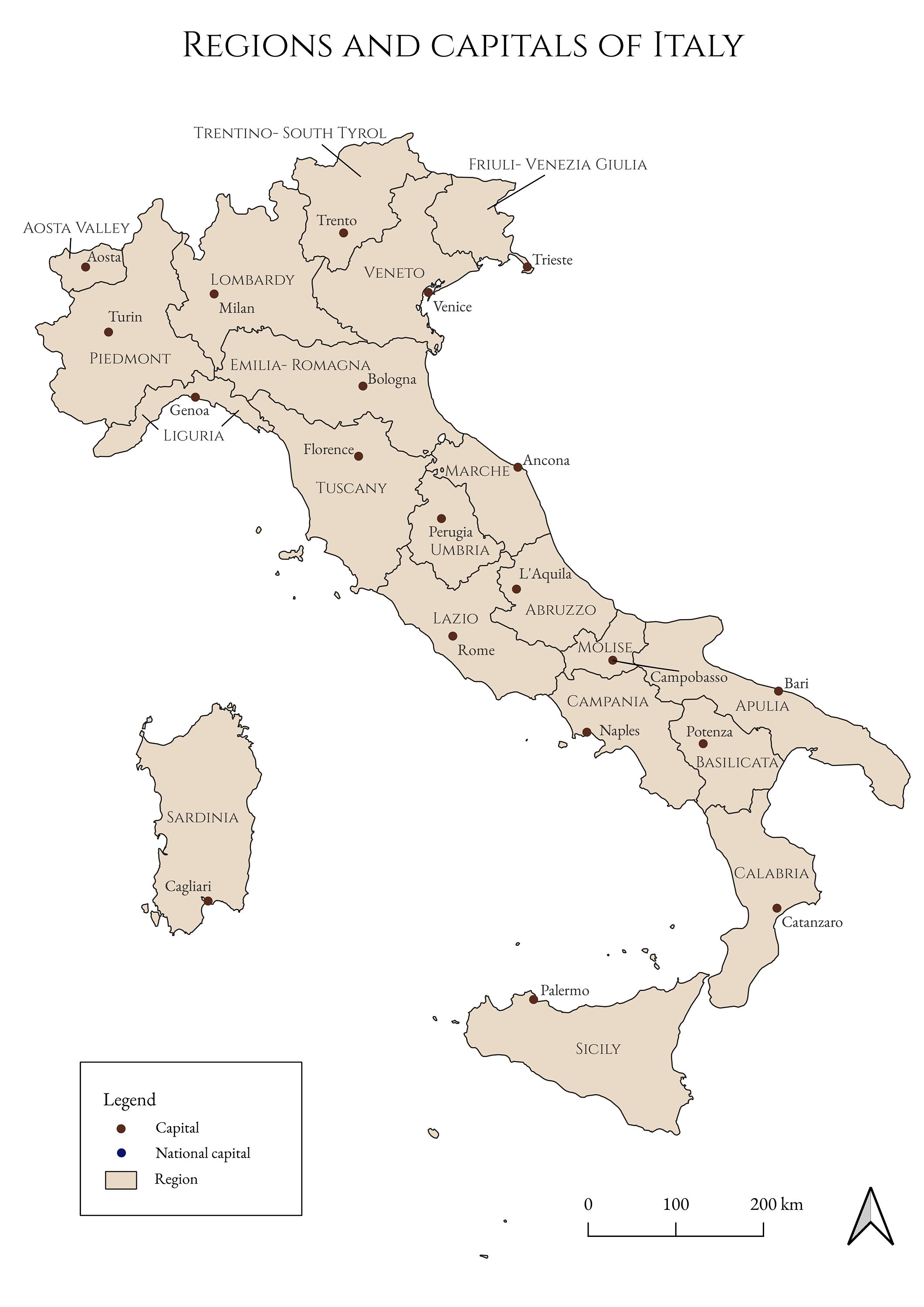 Instant Printable Wall Art Map of Regions and Capitals of Italy Size ...