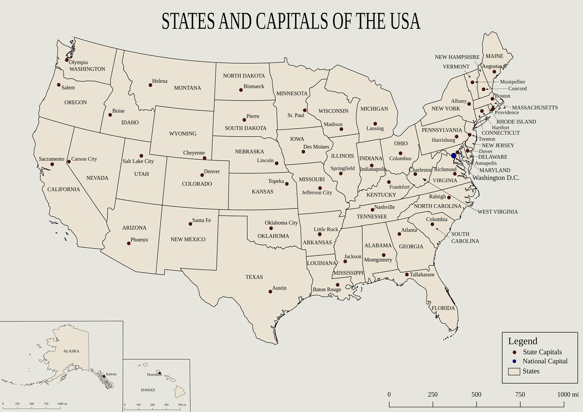 Instant Printable Wall Art - Map of States and Capitals of USA - Size ...