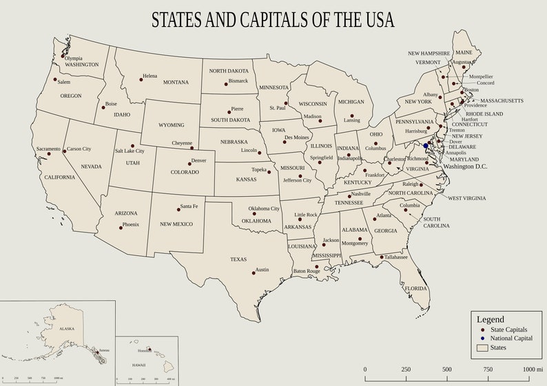 Instant Printable Wall Art - Map of States and Capitals of USA - Size ...