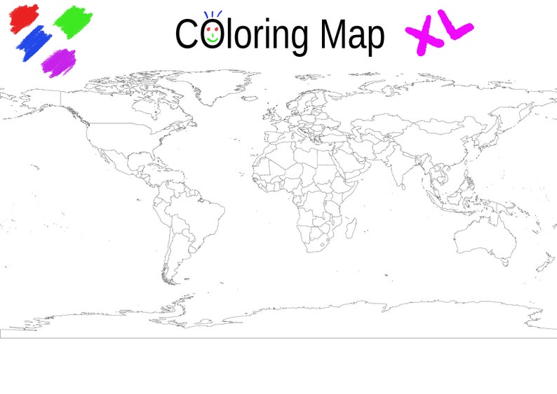 Coloring World Map With Country Boundaries for Instant Download - Giant ...