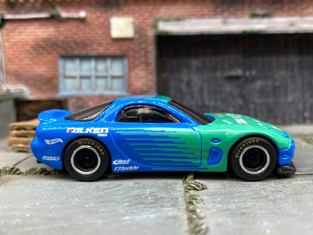 Custom Hot Wheels 1995 Mazda RX7 in Blue and Green Falken Tires With ...