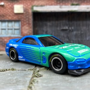 Custom Hot Wheels 1995 Mazda RX7 in Blue and Green Falken Tires With ...