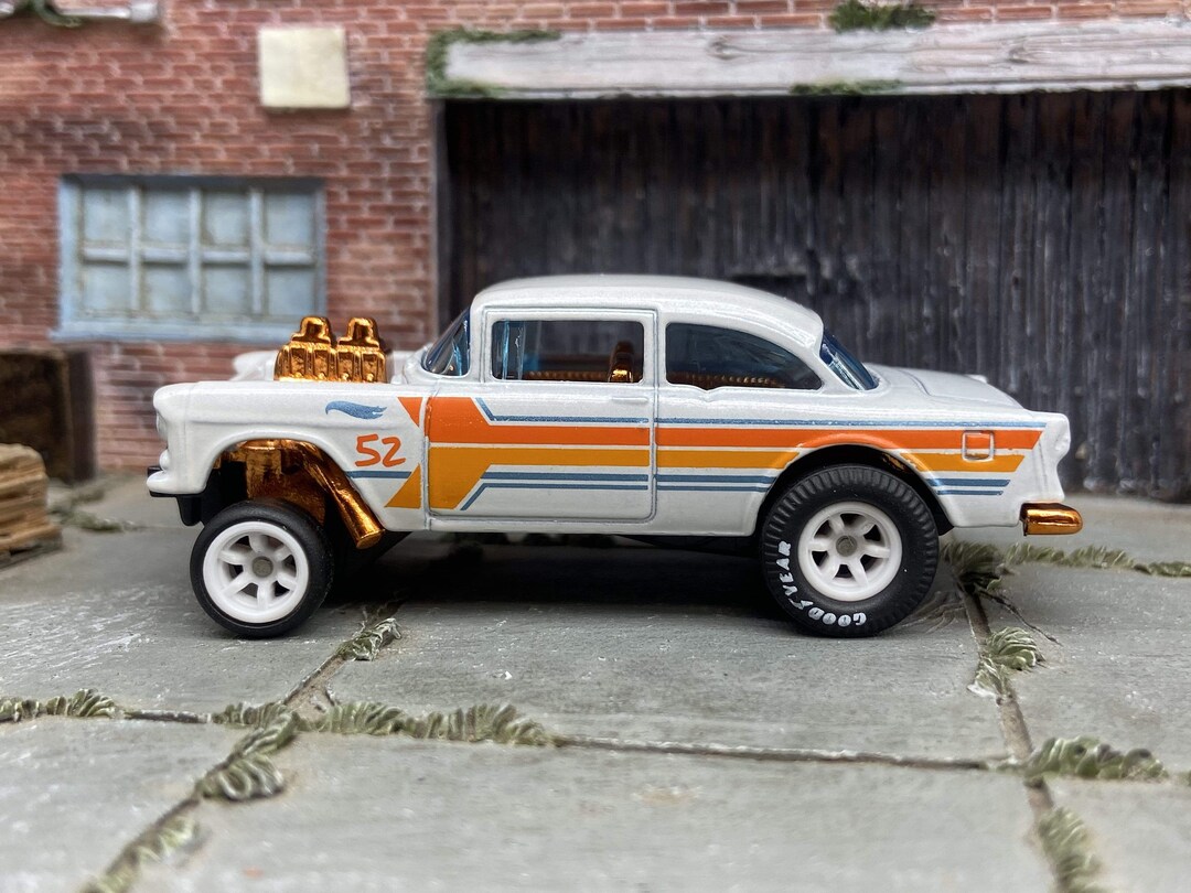 Custom Hot Wheels 1955 Chevy Gasser In Pearl White And Copper With Drag Wheels And Goodyear