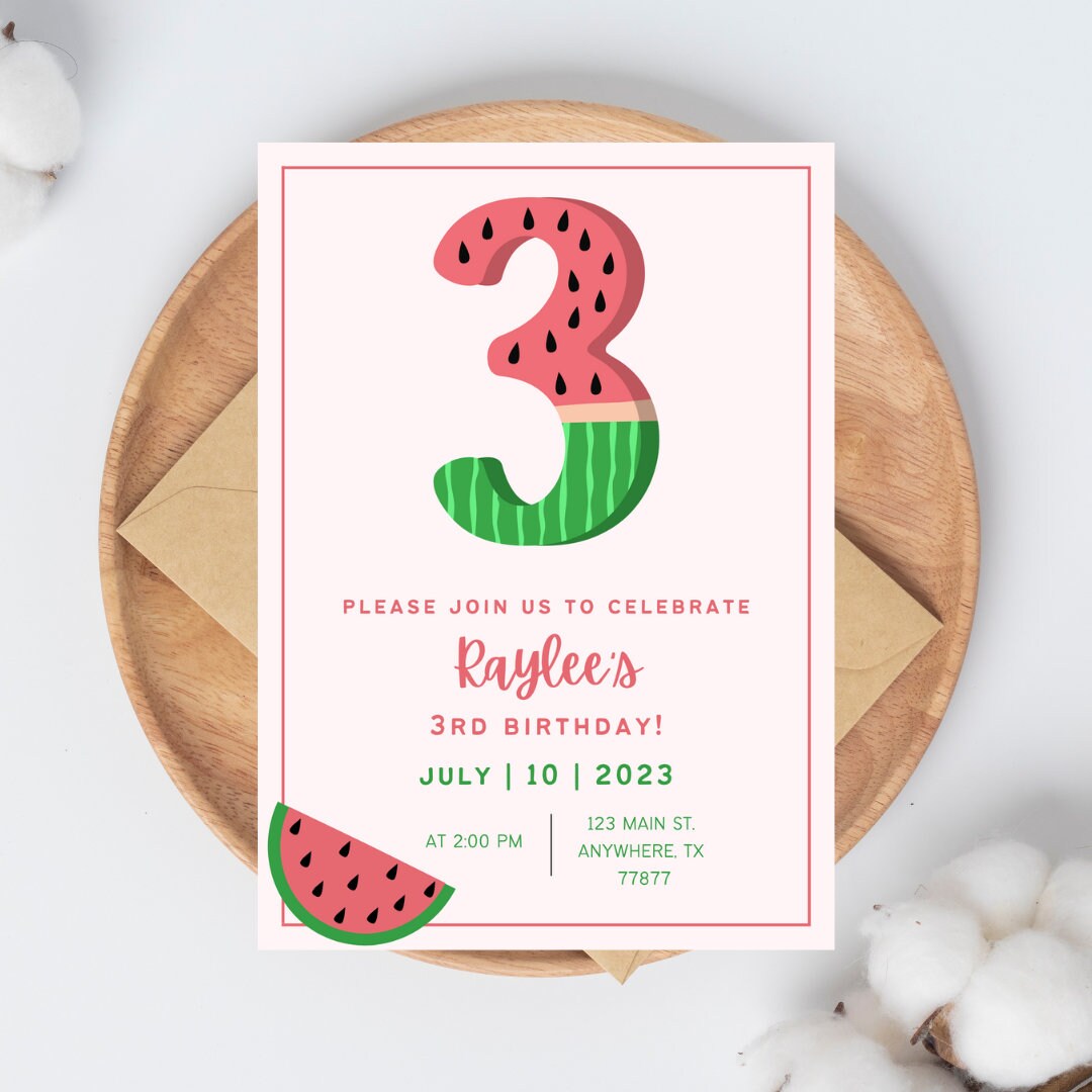 Watermelon 3rd Birthday Invitation, Watermelon Invitation, Watermelon ...
