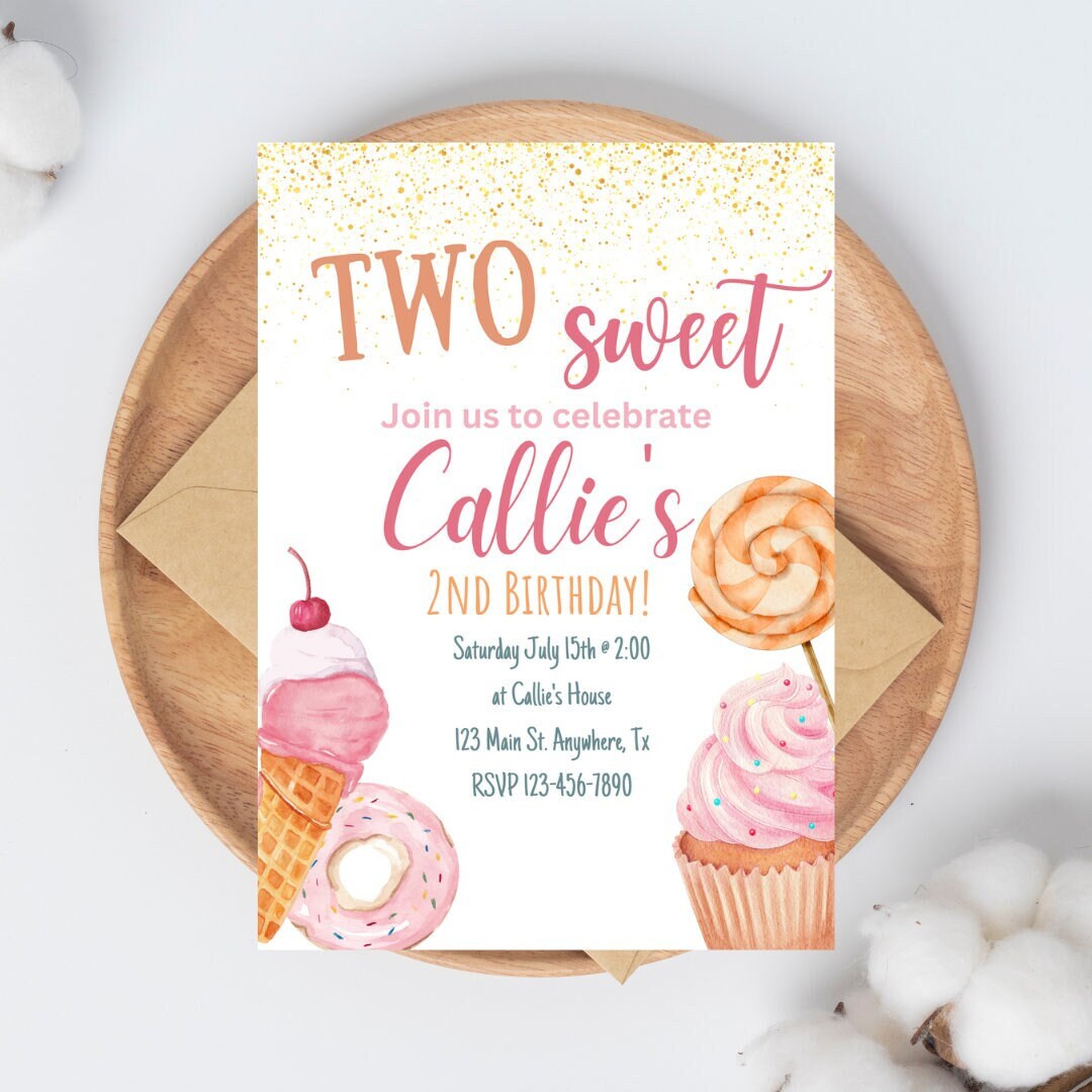 Two Sweet Birthday Invitation, Two Sweet Invitation, Girls Birthday ...