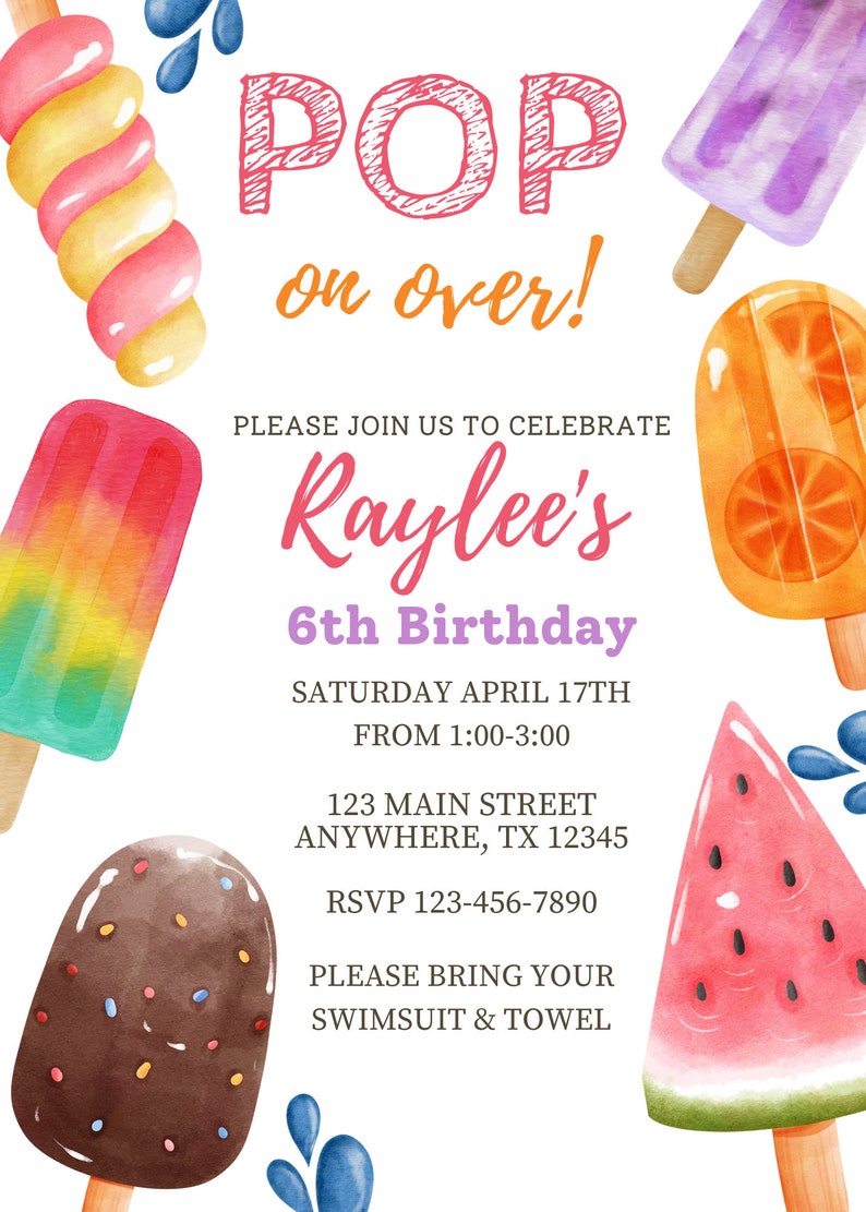 Popsicle Birthday Invitation Pop on Over Invitation Girls - Etsy