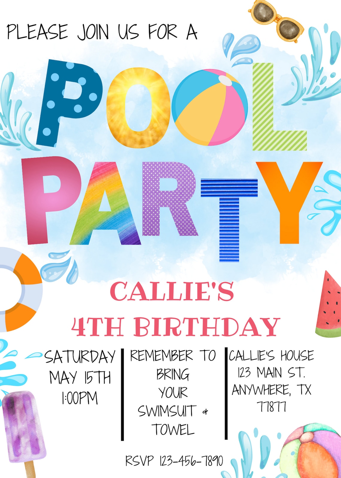 Pool Party Swim Birthday Invitation, Summer Birthday Invitation, Fun in ...