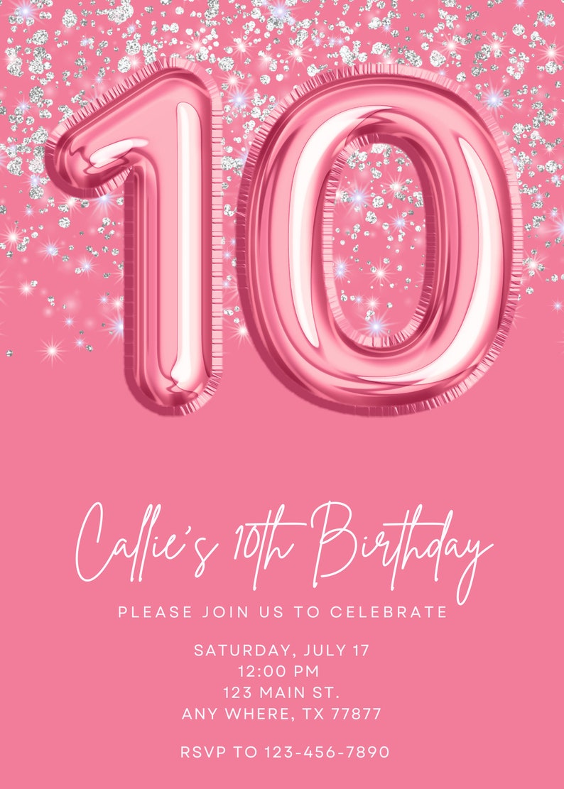 Pink Glitter Pastel 10th Birthday Invitation, Girls Birthday Invitation ...