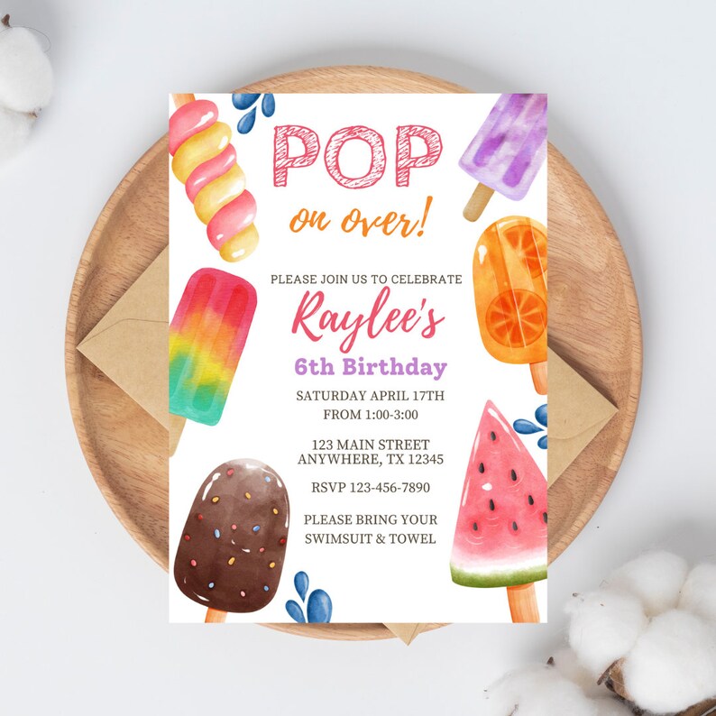 Popsicle Birthday Invitation Pop on Over Invitation Girls - Etsy