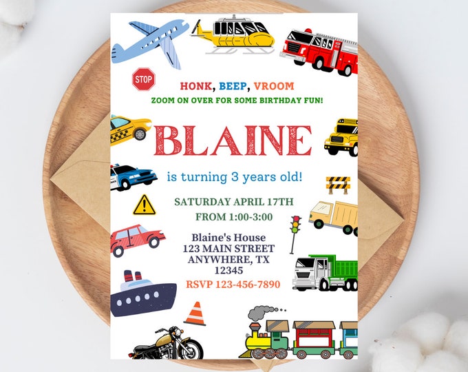 Transportation Birthday Invitation, Transportation Vehicle Birthday ...