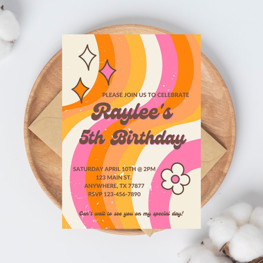 Retro Groovy Birthday Invitation, Groovy Girl Birthday Invitation, Fun ...