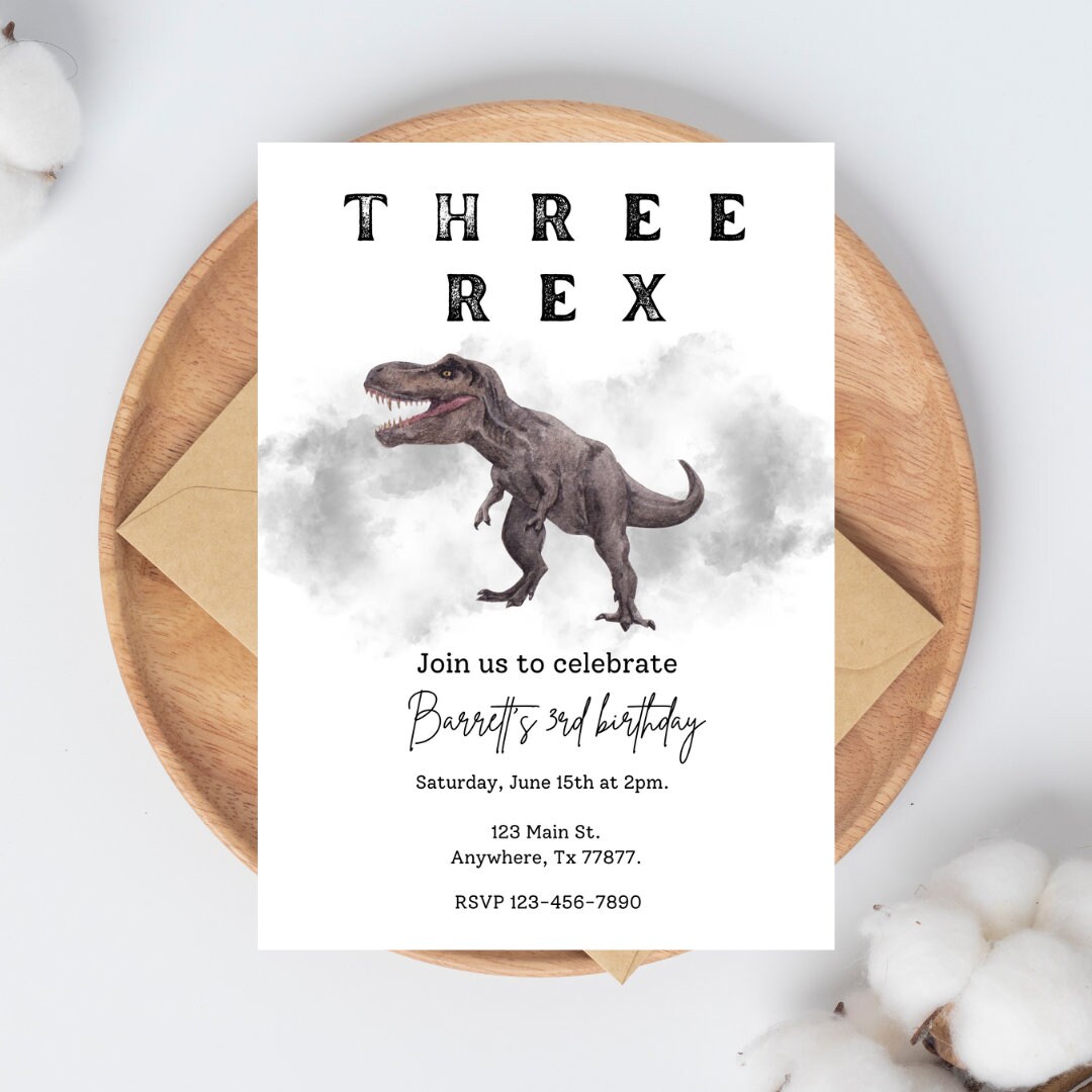 Three Rex Birthday Invitation, Dinosaur Birthday Invitation, Boy ...