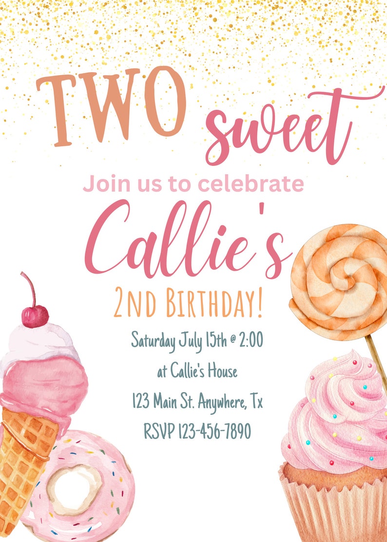 Two Sweet Birthday Invitation, Two Sweet Invitation, Girls Birthday ...