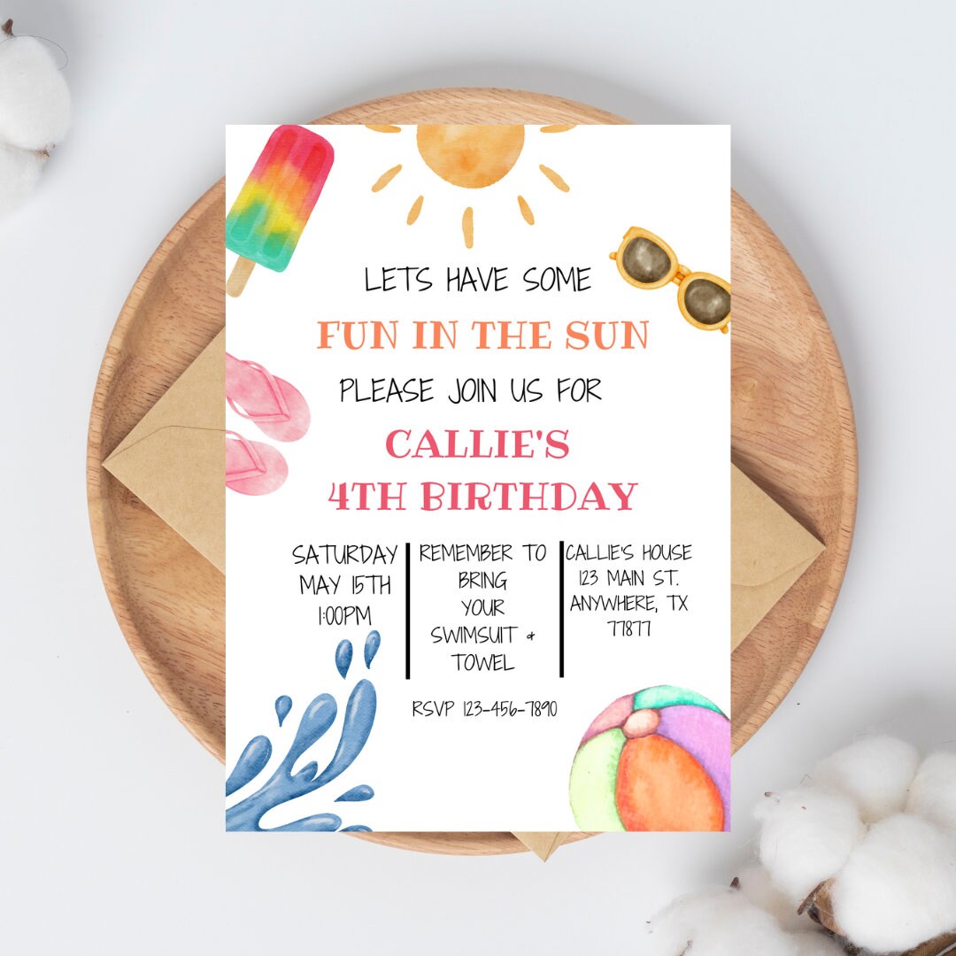 Swim Birthday Invitation, Summer Birthday Invitation, Fun in the Sun ...