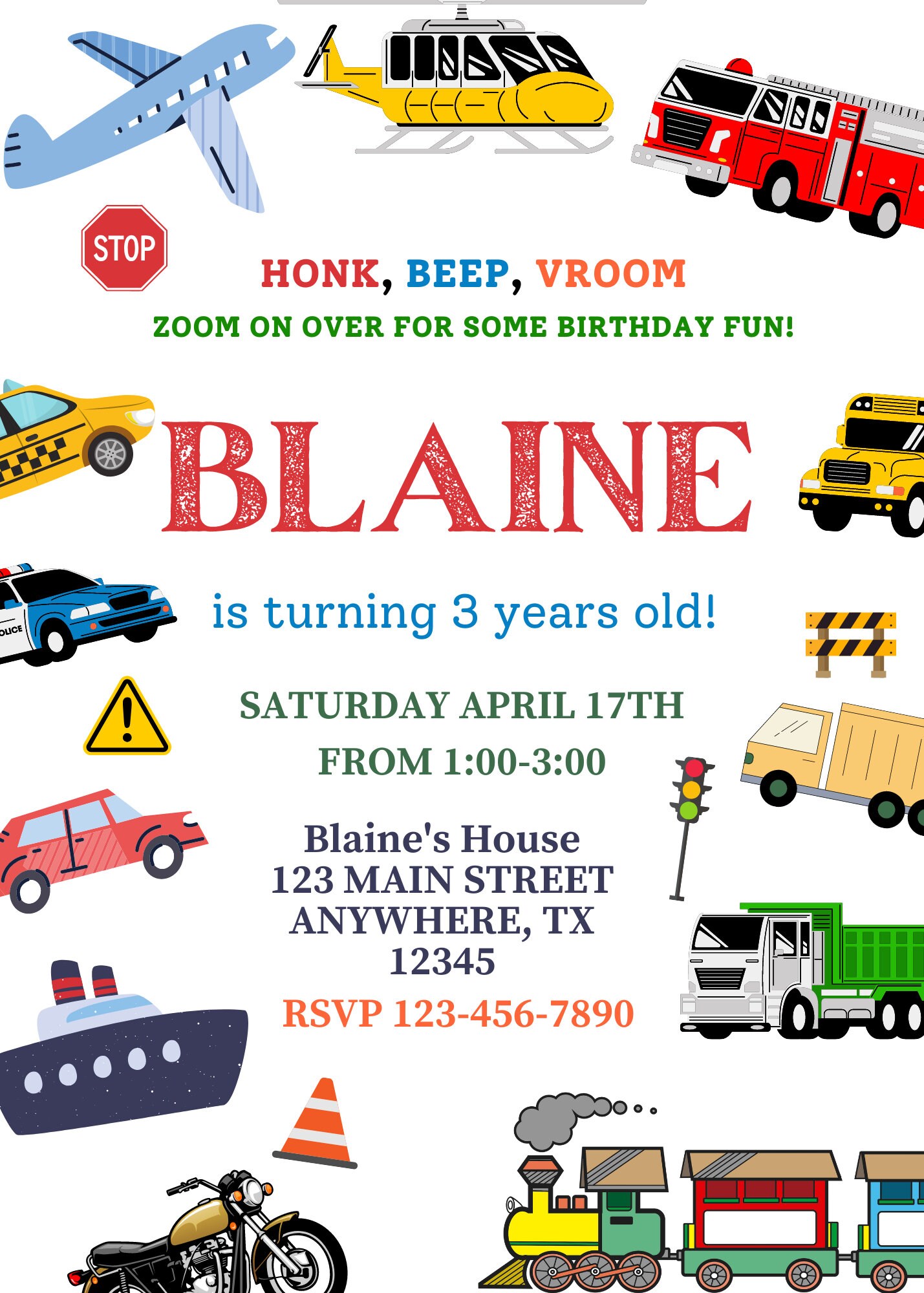 Transportation Birthday Invitation, Transportation Vehicle Birthday ...