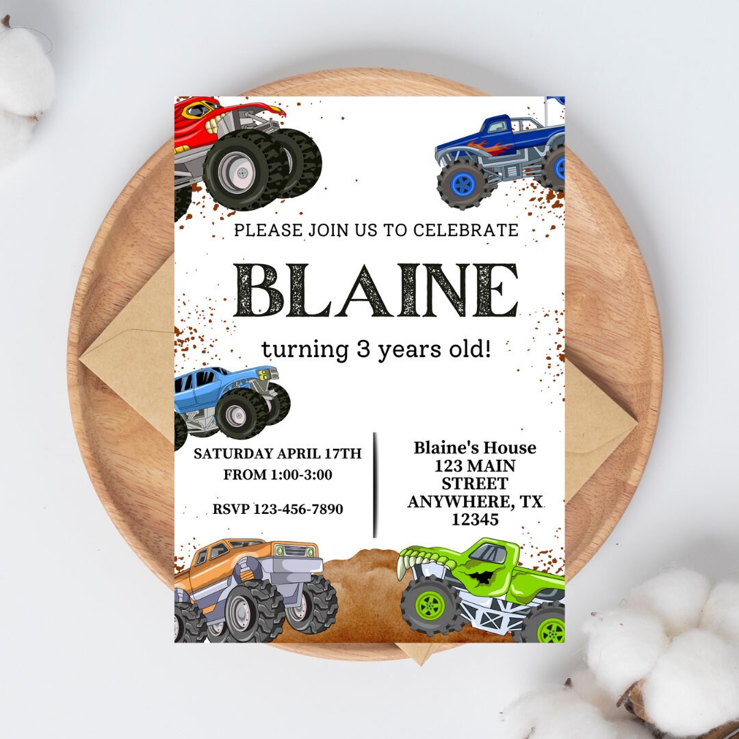 Monster Truck Birthday Invitation, Monster Truck Lover Birthday ...