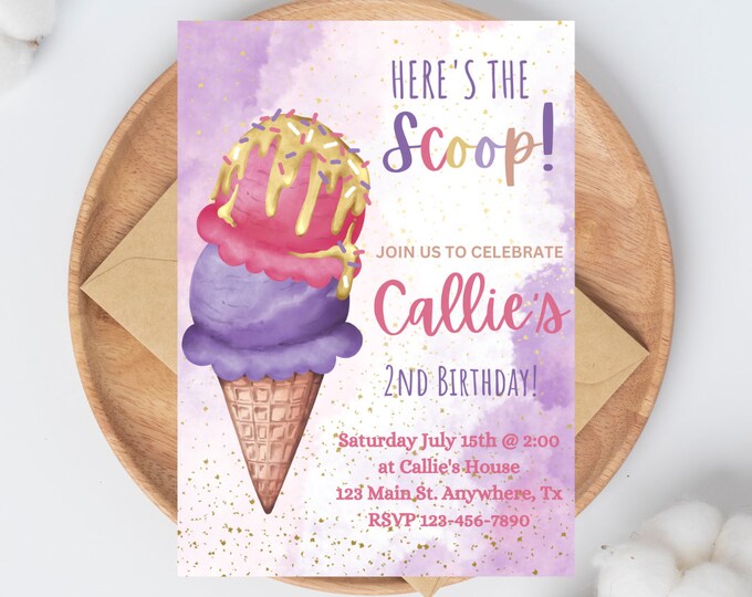 Ice Cream Birthday Invitation, Heres the Scoop Invitation, Girls ...