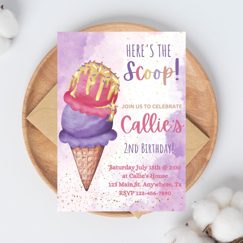 Ice Cream Birthday Invitation, Heres the Scoop Invitation, Girls ...