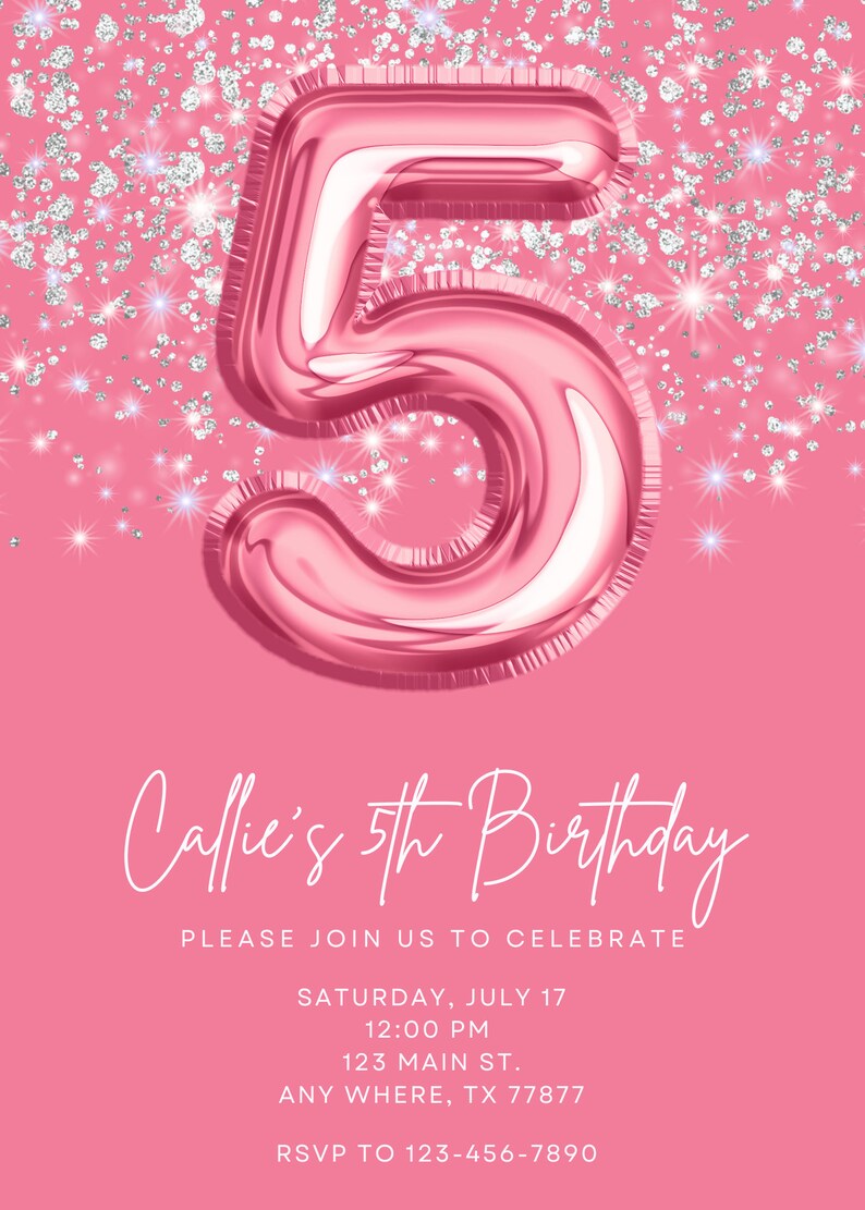 Pink Glitter Pastel 5th Birthday Invitation, Girls Birthday Invitation ...