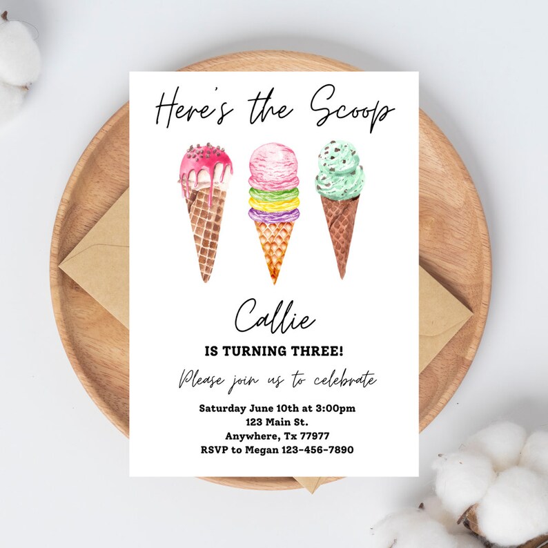 Ice Cream Birthday Invitation Heres the Scoop Invitation Ice - Etsy