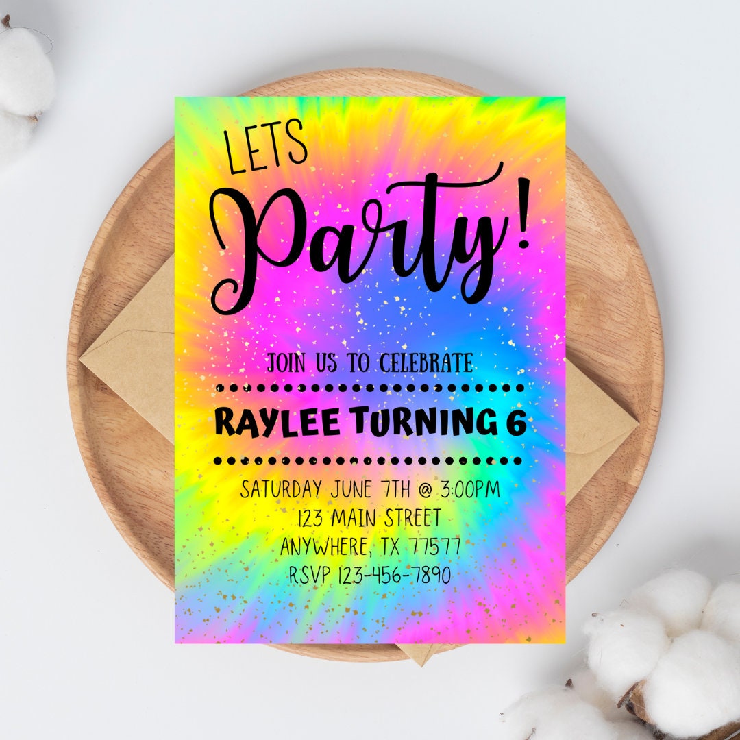Tie Dye Birthday Invitation, Colorful Girl Birthday Invitation, Pastel ...