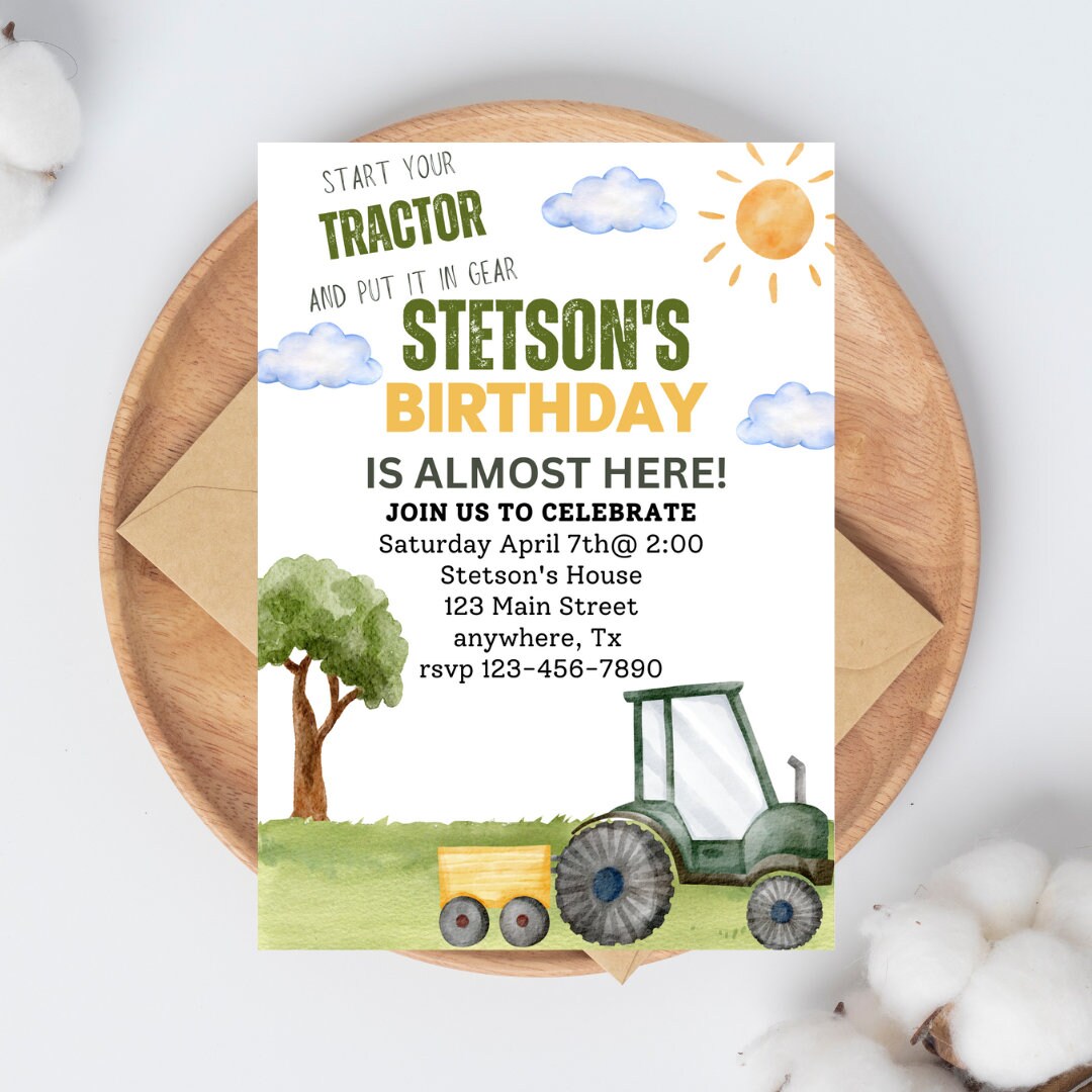 Tractor Birthday Invitation, Tractor Party Invitation, Boy Birthday ...