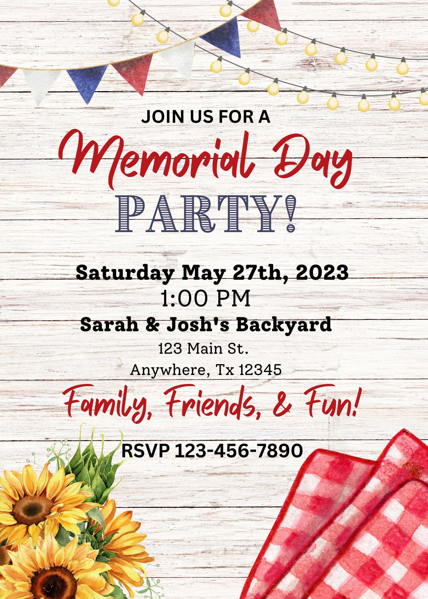 Memorial Day Party Invitation, Memorial Day Invitation, Red White and ...