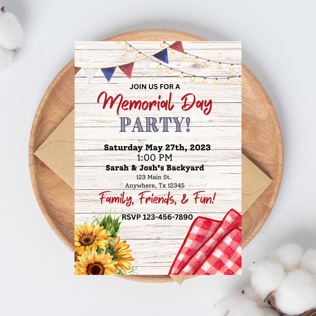 Memorial Day Party Invitation, Memorial Day Invitation, Red White and ...