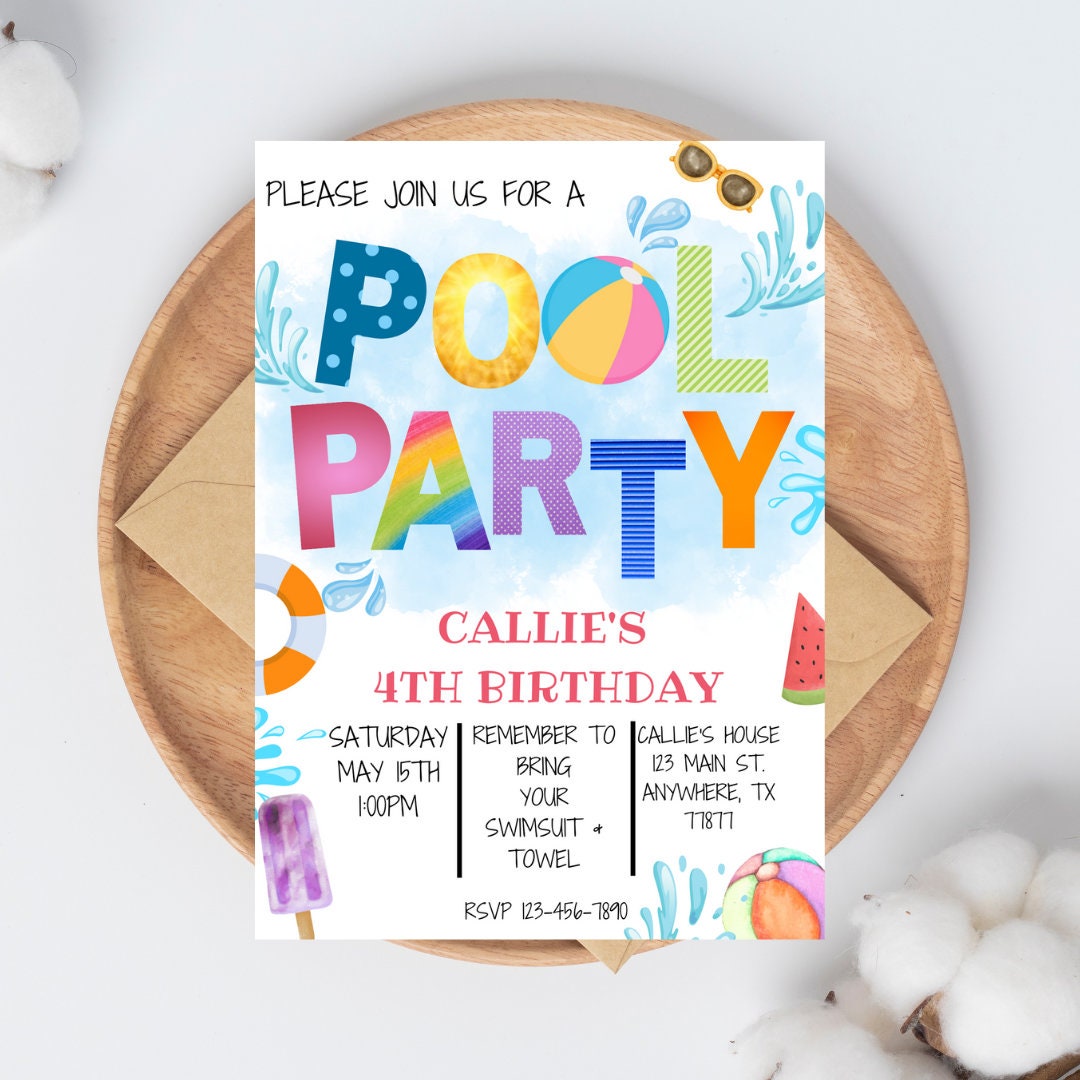 Pool Party Swim Birthday Invitation, Summer Birthday Invitation, Fun in ...