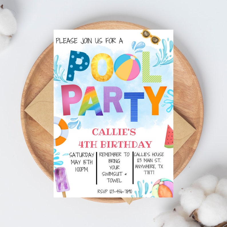 Pool Party Swim Birthday Invitation, Summer Birthday Invitation, Fun in ...