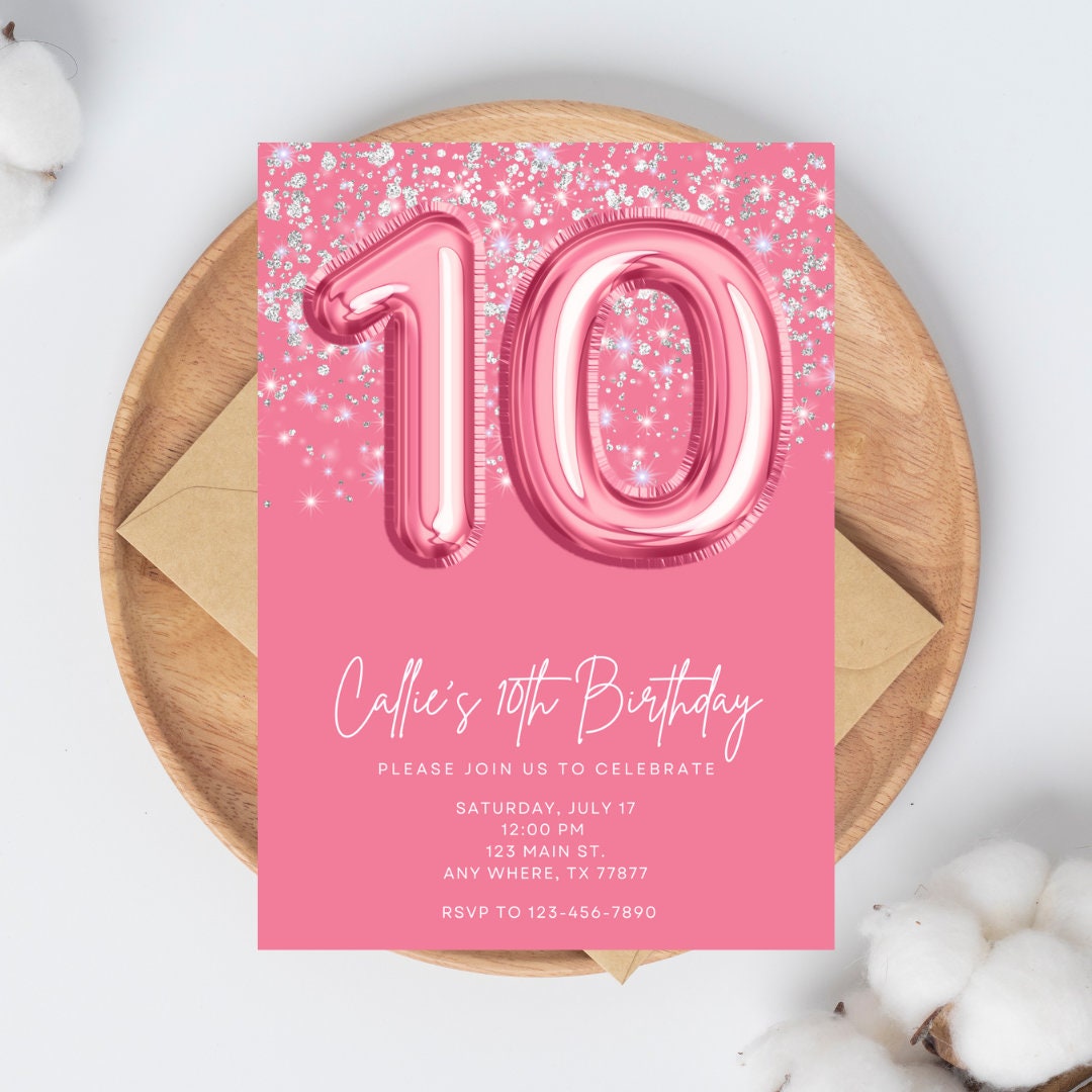 Pink Glitter Pastel 10th Birthday Invitation, Girls Birthday Invitation ...