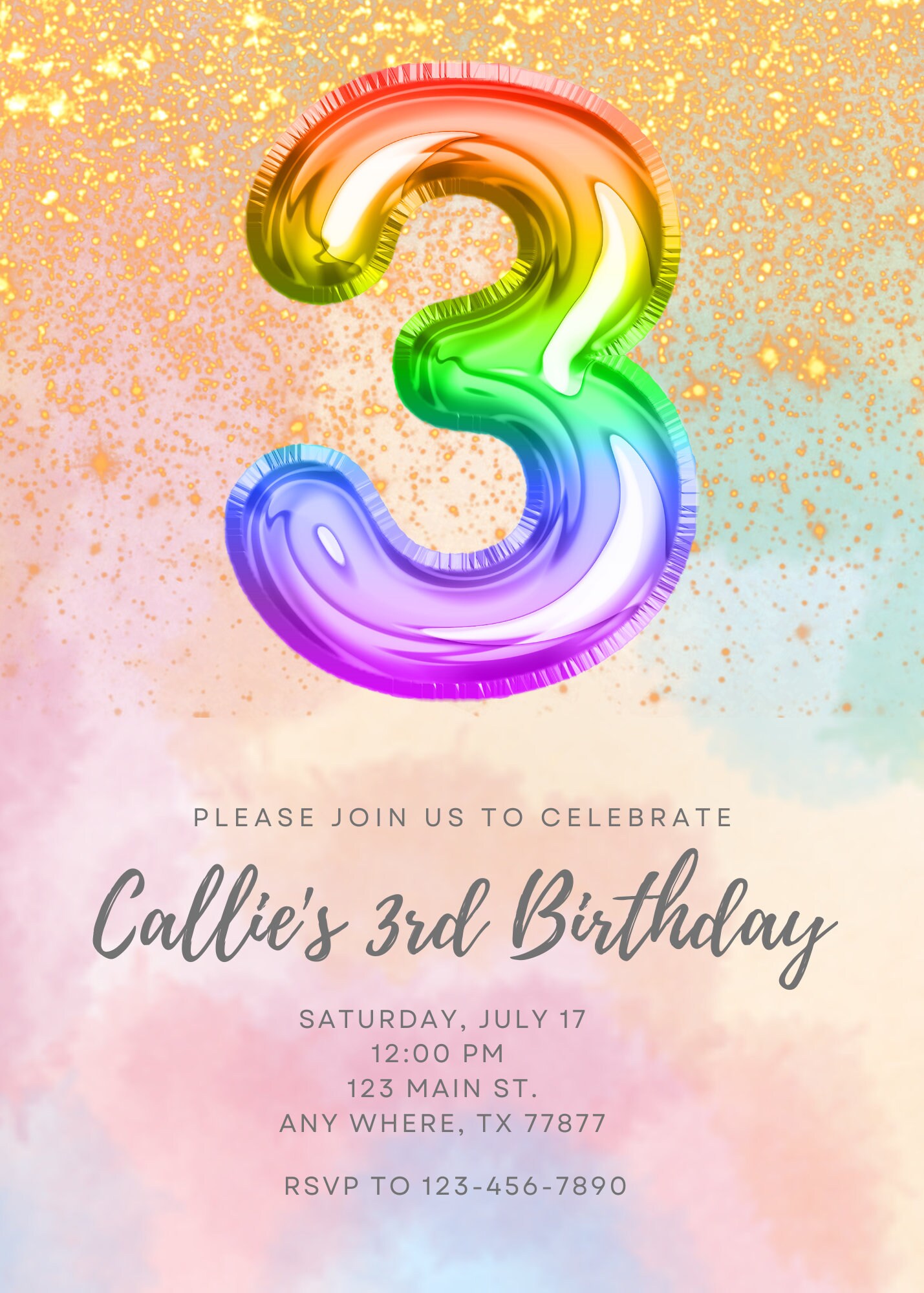 3rd Birthday Invitation Rainbow Glitter Pastel Girls Birthday - Etsy